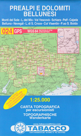 Prealpi e Dolomiti Bellunesi 1:25 000 turistická mapa TABACCO #24 ...